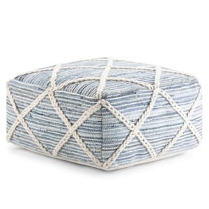 Simpli Home Noreen Boho Square Pouf in Dark Blue and White Handloom Woven Pattern AXCPF-67-DKB ...