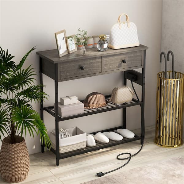 Costway 32 in. Grey Oak Rectangle Wood Top Entryway Table End Table with 2 Drawers Charging Station Narrow Console Table M1C 10N84 A1U1 GR