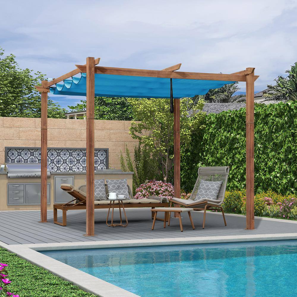 PURPLE LEAF 10 ft. W x 10 ft. D Modern Natural Wood Grain Aluminum Pergola with Blue Adjustable ...