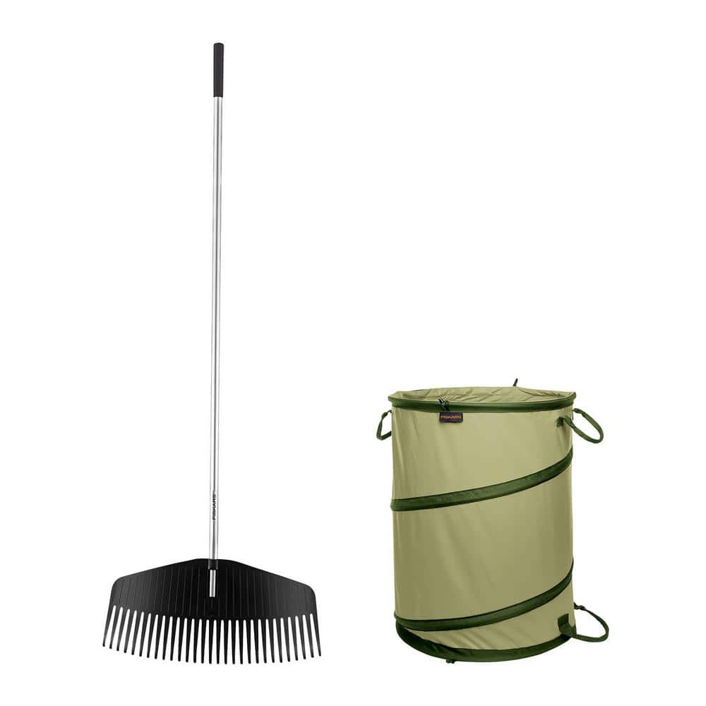 Fiskars 67 in. Lightweight Aluminum Handle Leaf Rake and Leaf Bag ...