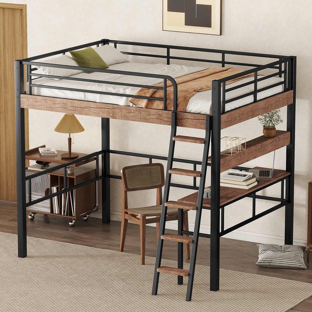 Polibi Metal Full Size Loft Bed with Built-in Desk, Storage Shelf and Ladder, Black RS-53409AABM ...