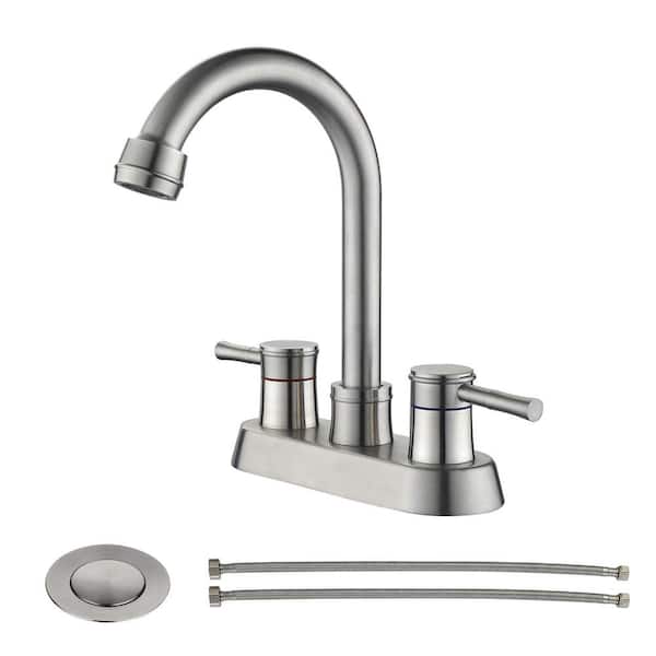 Heemli High Arc 4 in. Centerset Double Handle Bathroom Faucet with Drain Kit Included in Brushed ...