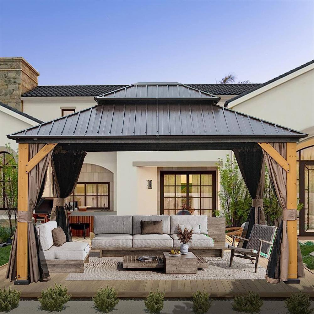 ToolCat 12 ft. x 14 ft. Brown Outdoor Cedar Wood Frame Canopy with ...