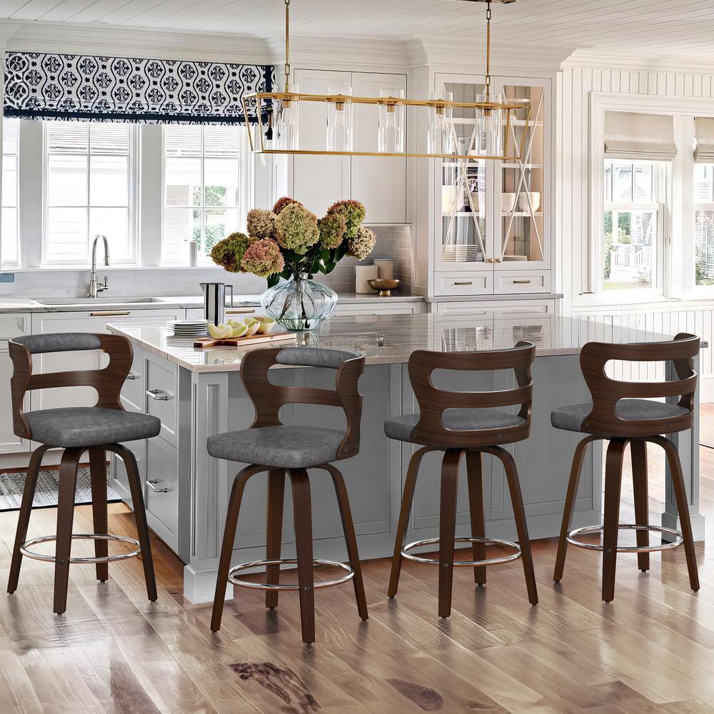 OrangeOne 26 in. Gray Faux Leather and Deep Walnut Wood Mid-Century ...