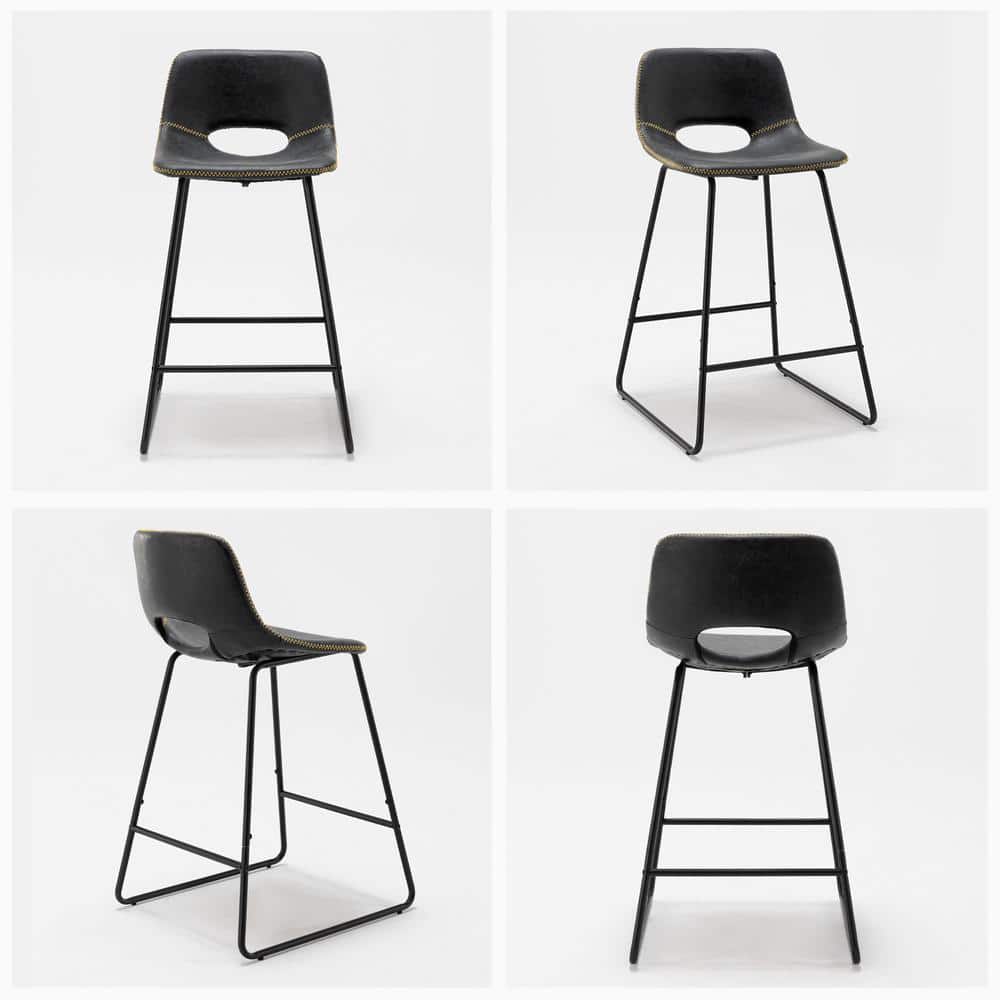 LUE BONA 24 in. Black Metal Frame Faux Leather Counter Bar Stools (Set ...