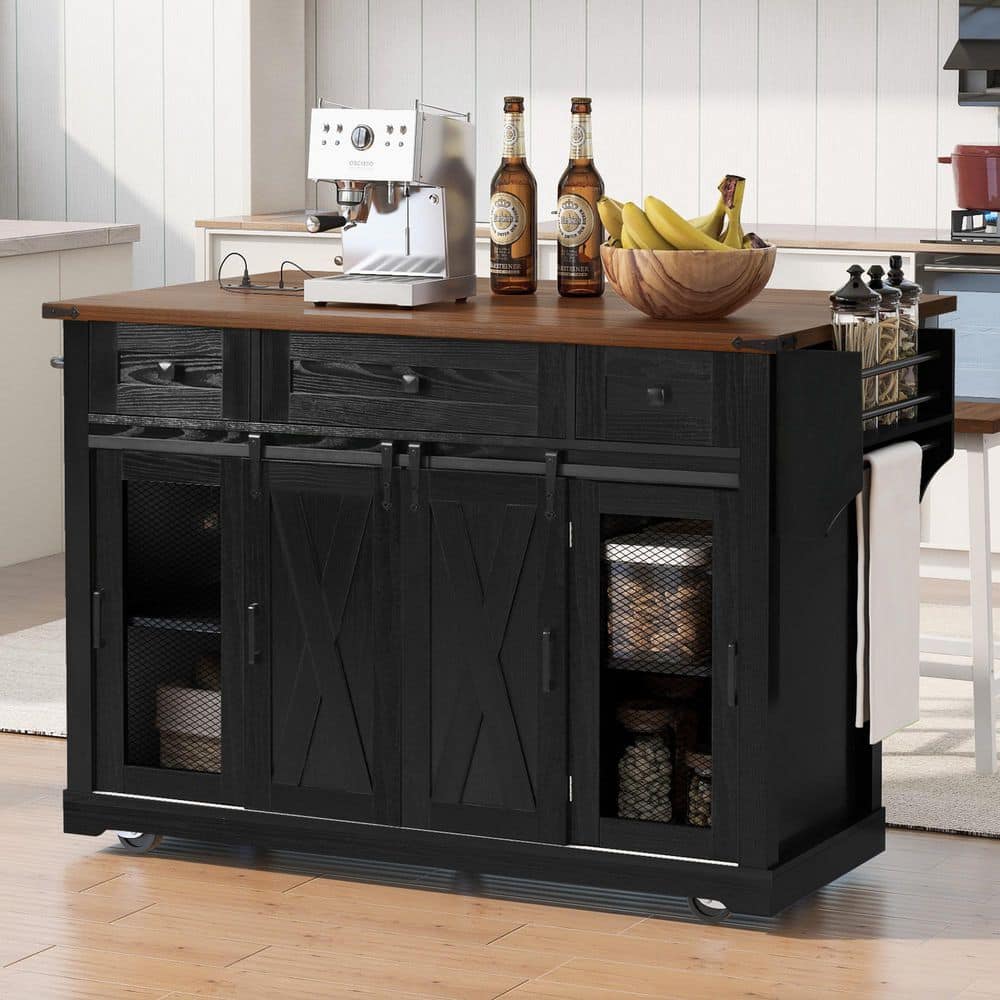 Reviews for Nestfair Black Wood 58 in. Rolling Kitchen Island with ...