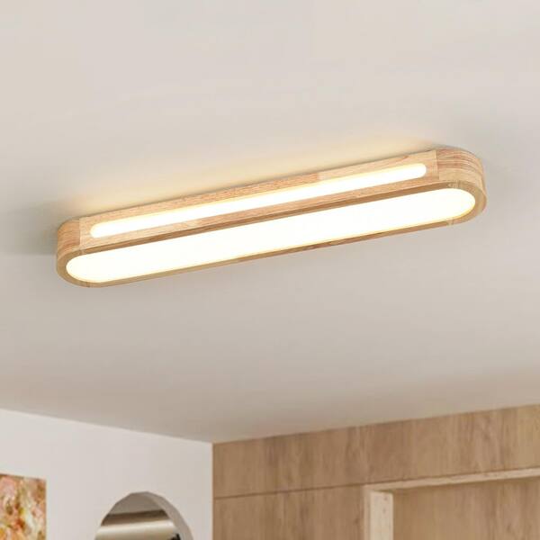 HUOKU Lumin 31.5 in.W Wood Integrated LED Flush Mount Round Long ...