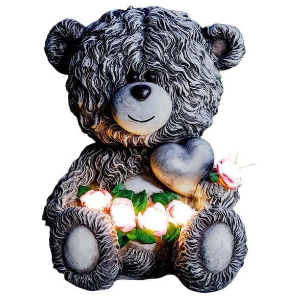 Solar Garden Outdoor Statues Bear with Heart and Pink Flower and 5 LED ...