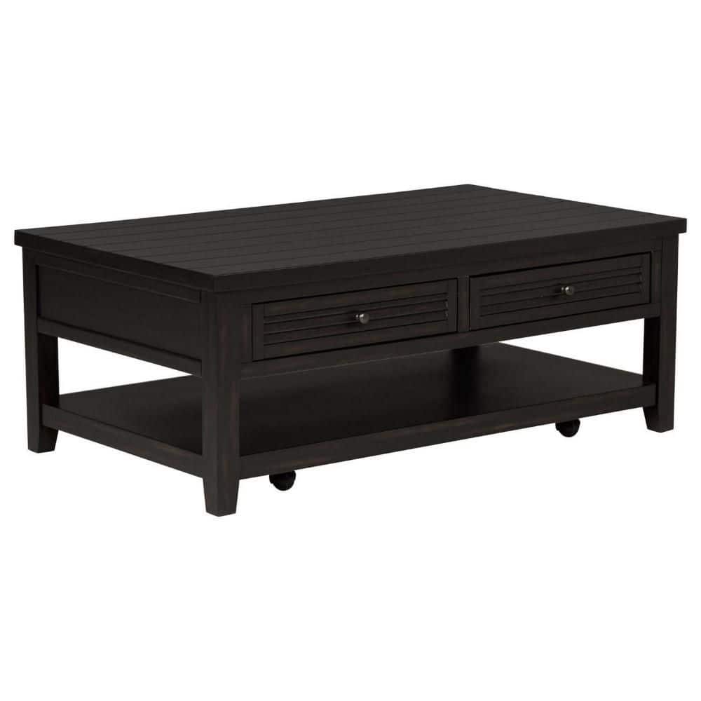 Benjara Coni 28 in. Java Gray and Black Rectangle Wood Coffee Table with Includes Storage Space ...