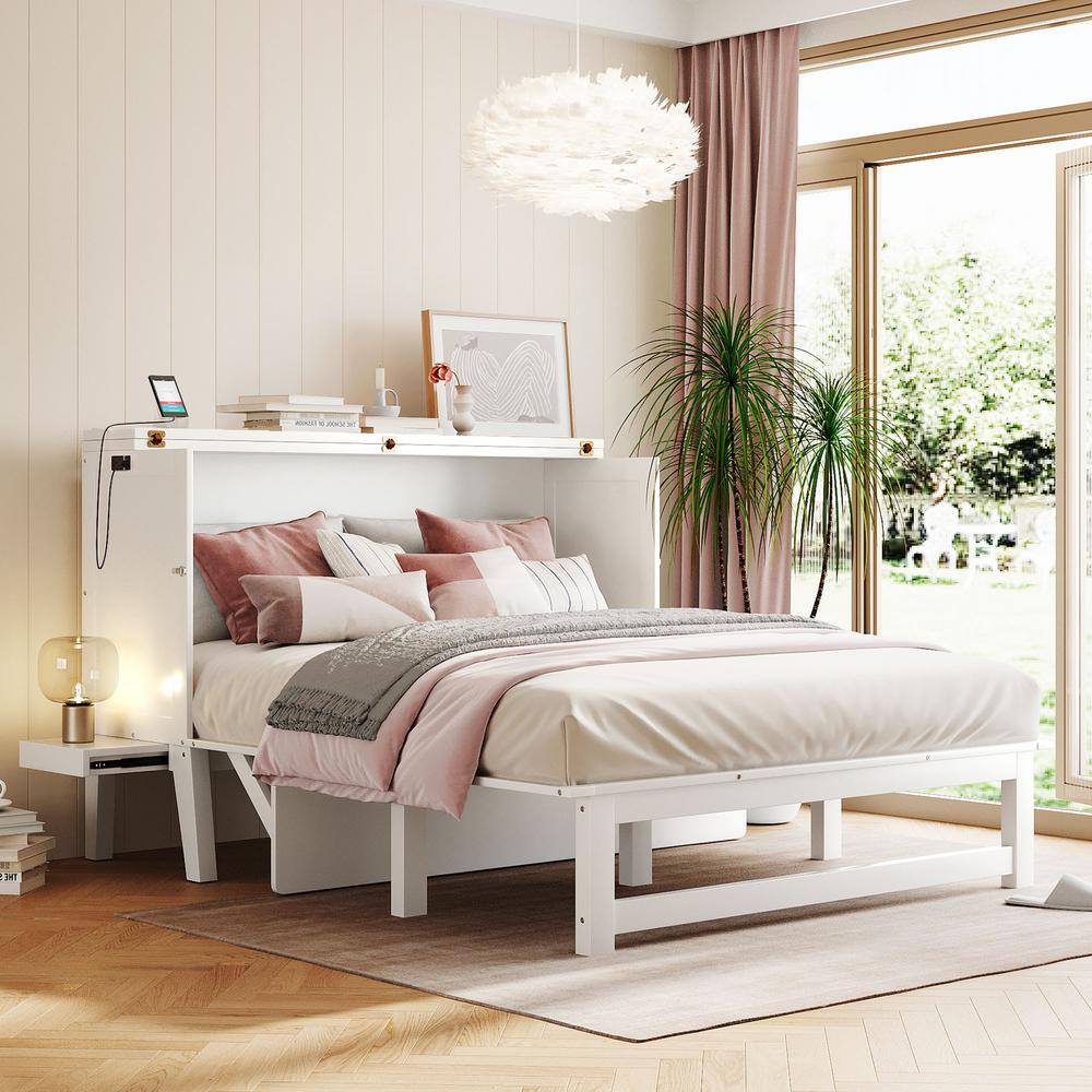 Polibi White Wood Frame Queen Size Murphy Bed With Usb Port And