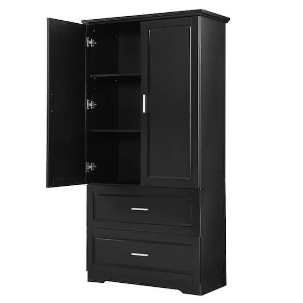 32 in. D x 15 in. W x 63.2 in. H Black Linen Cabinet with 2 Doors and ...