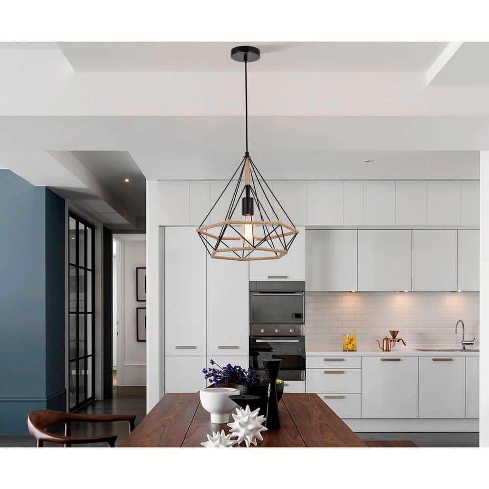 Volume Lighting 1-Light Black Geometric Bulb Pendant Light with Hemp ...