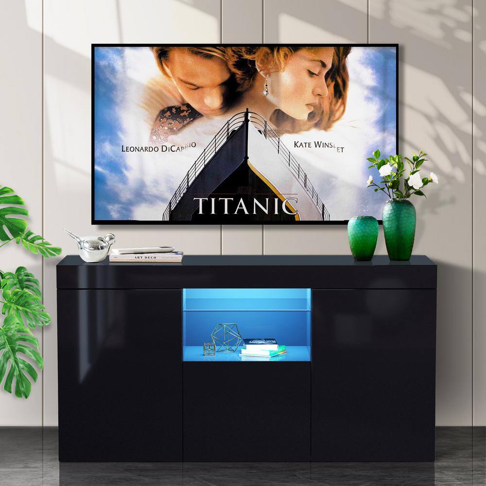 URTR Modern Black Wood Storage Cabinet with LED Light for Living Room ...