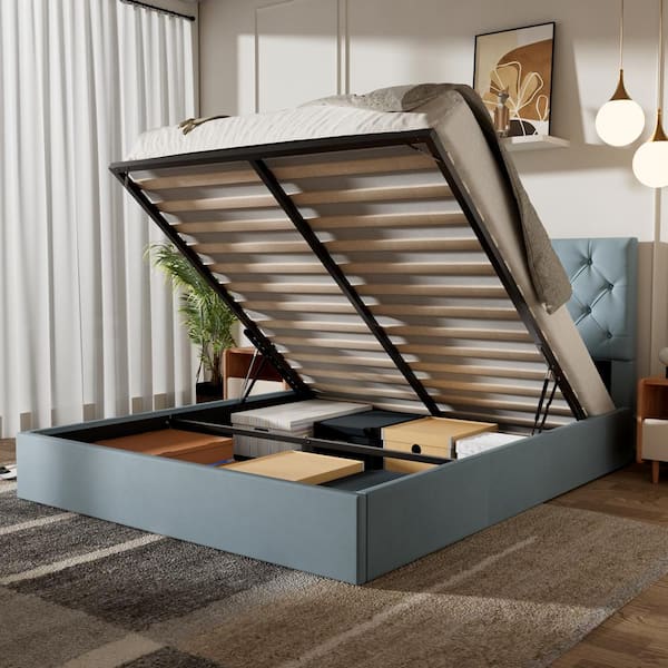 Ahokua Aqua Blue Frame King Size Upholstered Platform Bed with Lift up Storage Supported by Metal and Wooden Slats BH3 TF AQ K