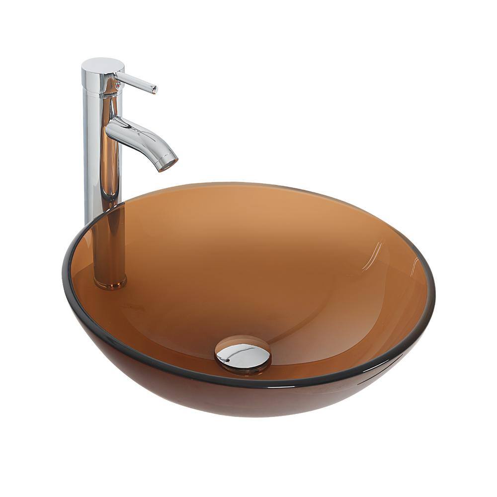 Puluomis Translucent Brown Glass Round Vessel Sink With Faucet Pop Up ...