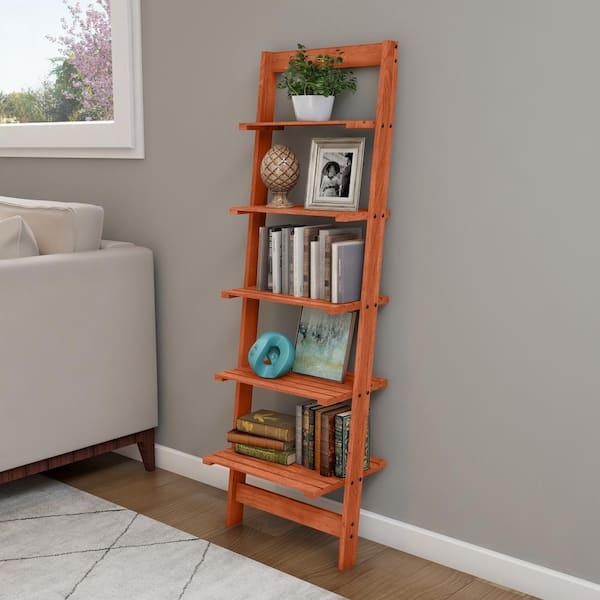 Lavish Home 5 Tier Bookshelf Leaning Ladder Shelf for Display Cherry Brown