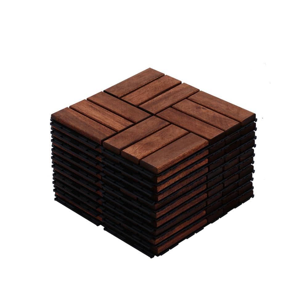 FASHION FINESSE LLC 12 in. Brown Square Acacia Hardwood Interlocking Deck Tiles Checker Pattern ...