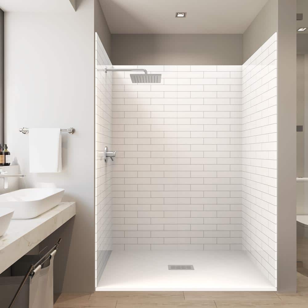 CASTICO Subway 32 in. x 60 in. x 84 in. Solid Composite Stone Alcove ...