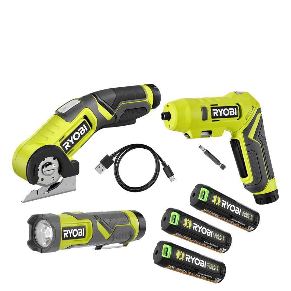 RYOBI USB Lithium 3-Tool Combo Kit w/ Flashlight, Screwdriver, Cutter ...