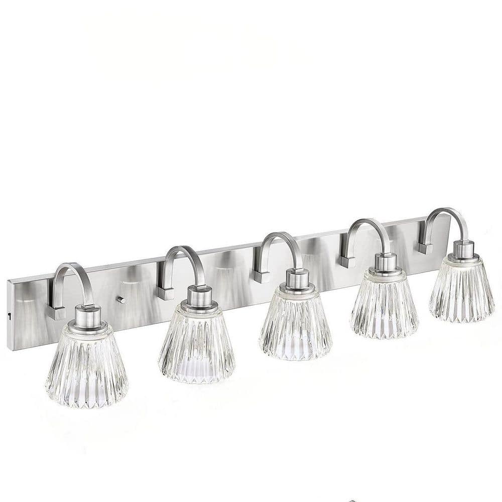 JAZAVA 41 in. 5-Light Brushed Nickel LED Vanity Light with Fluted ...