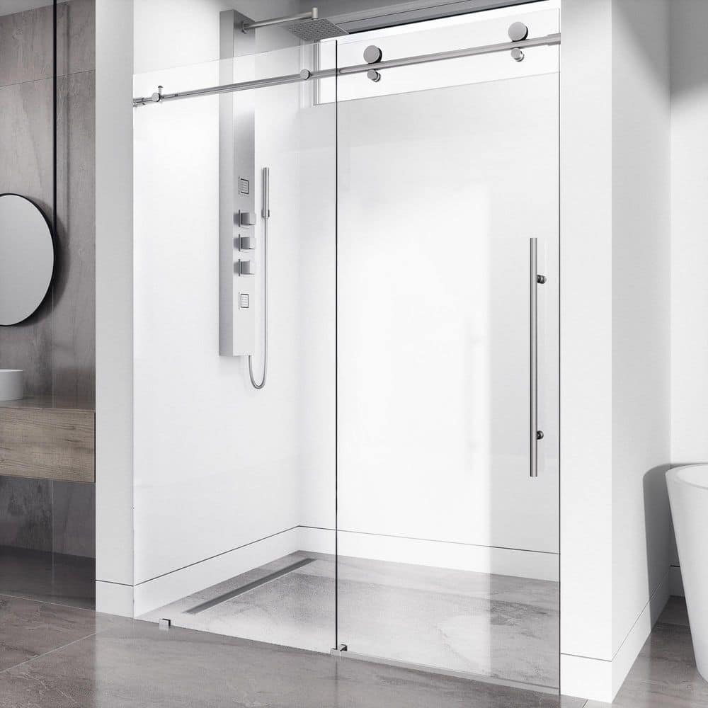 VIGO Elan E-Class 52 to 56 in. W x 76 in. H Sliding Frameless Shower Door in Stainless Steel ...