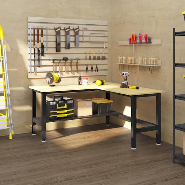72 in. W L-shaped Heavy Duty Workbench with Rubber Wood Tabletop ...