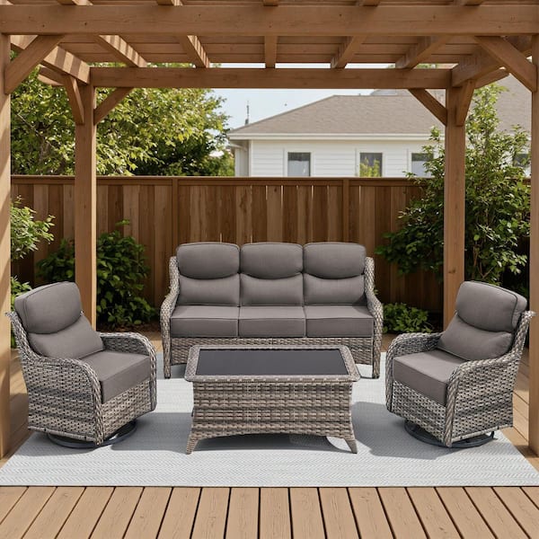 Opohoro Arcadia Gray 4-Piece Wicker Patio Conversation Set with Swivel ...