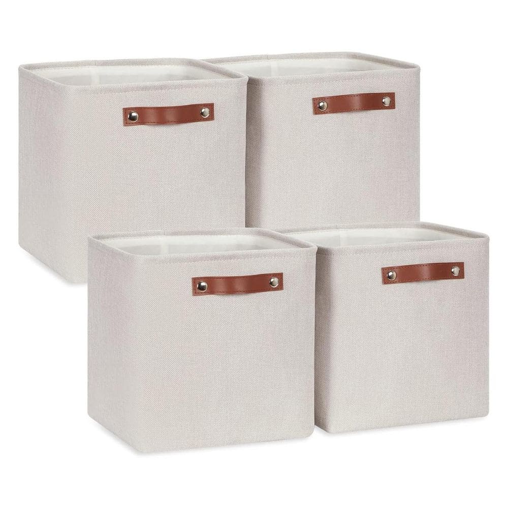 White 11 in. x 11 in. Linen Decorative Basket Set of 4 with Handles ...