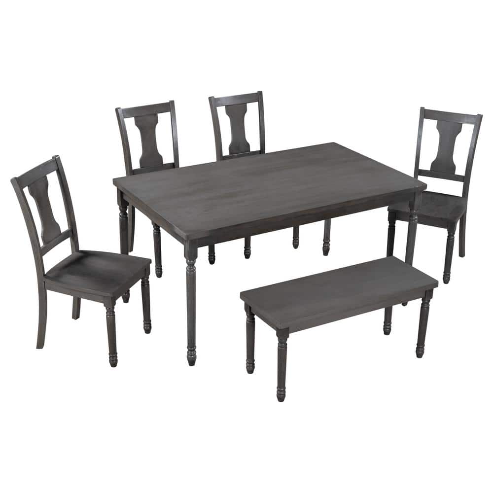 LUCKY ONE Elegant 6-Piece Gray Dining Set with Table Chairs and Bench ...