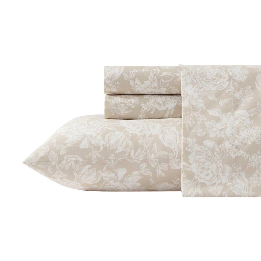 Laura Ashley Meredith 4-Piece Beige Cotton Percale Full Sheet Set ...