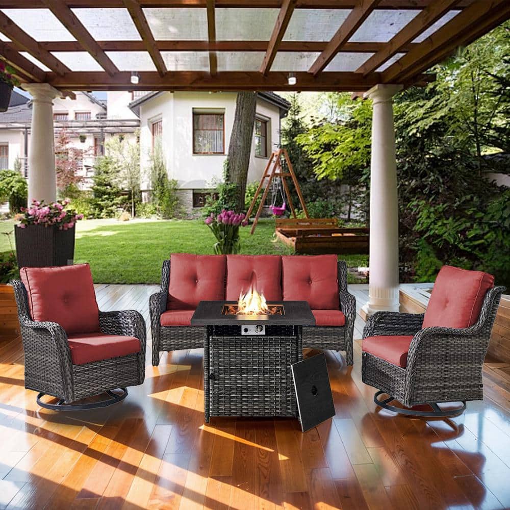 moosprr Arcline 4-Piece Gray Wicker Fire Pit Conversation Set with ...