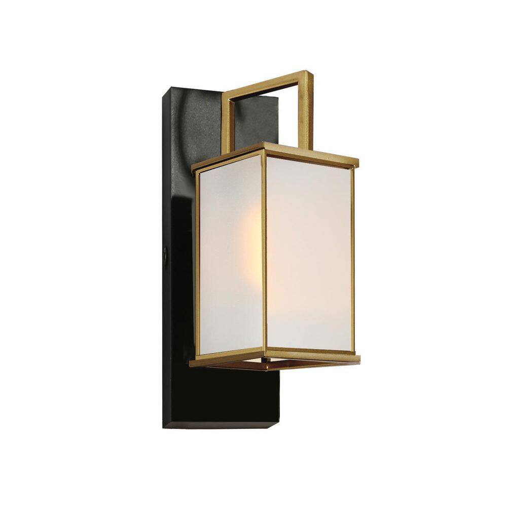 Uolfin Black and Gold Rectangle Outdoor Hardwired Wall Lantern Sconce ...