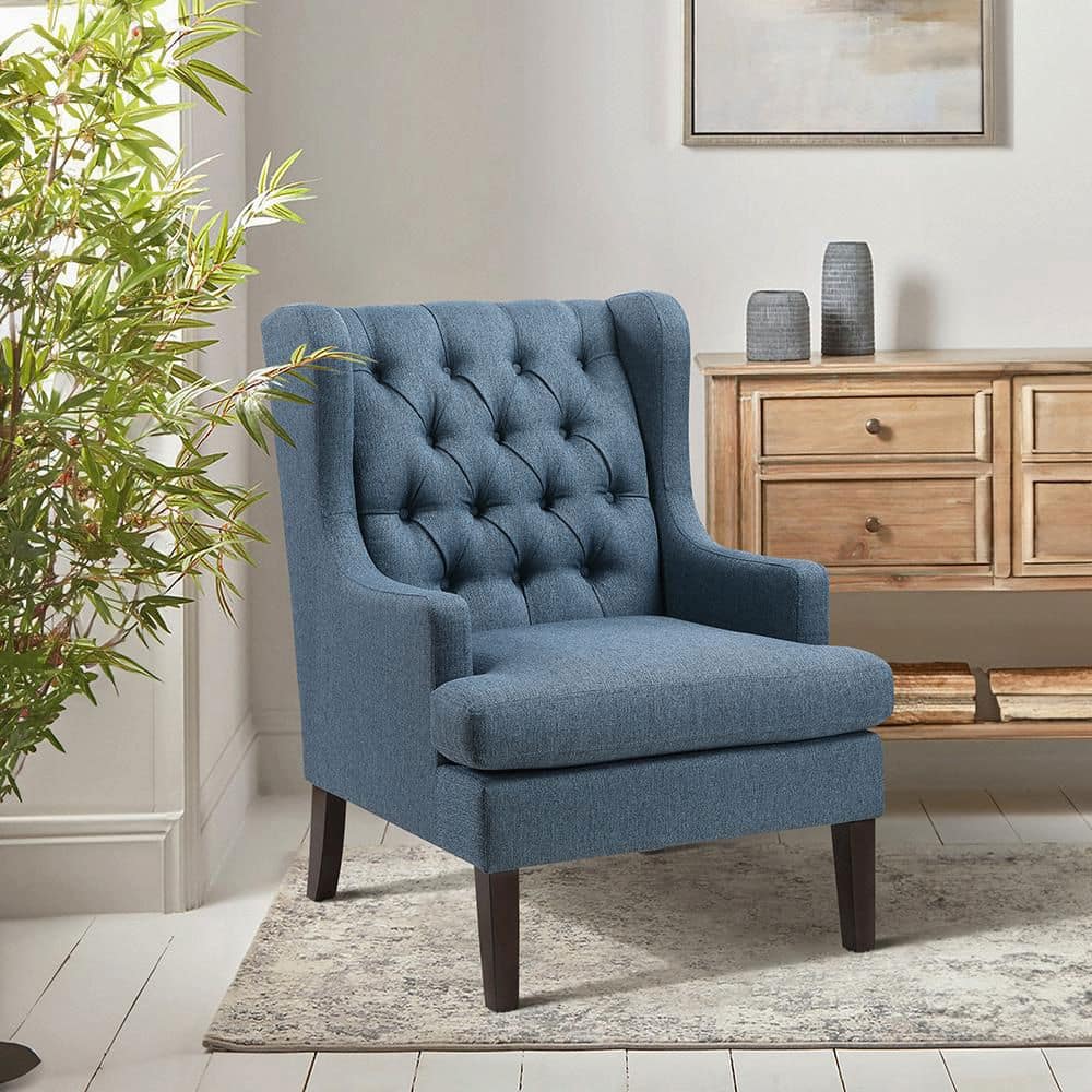 Lazzara Cutler Blue Textured Fabric Upholstery Button-Tufted Back ...