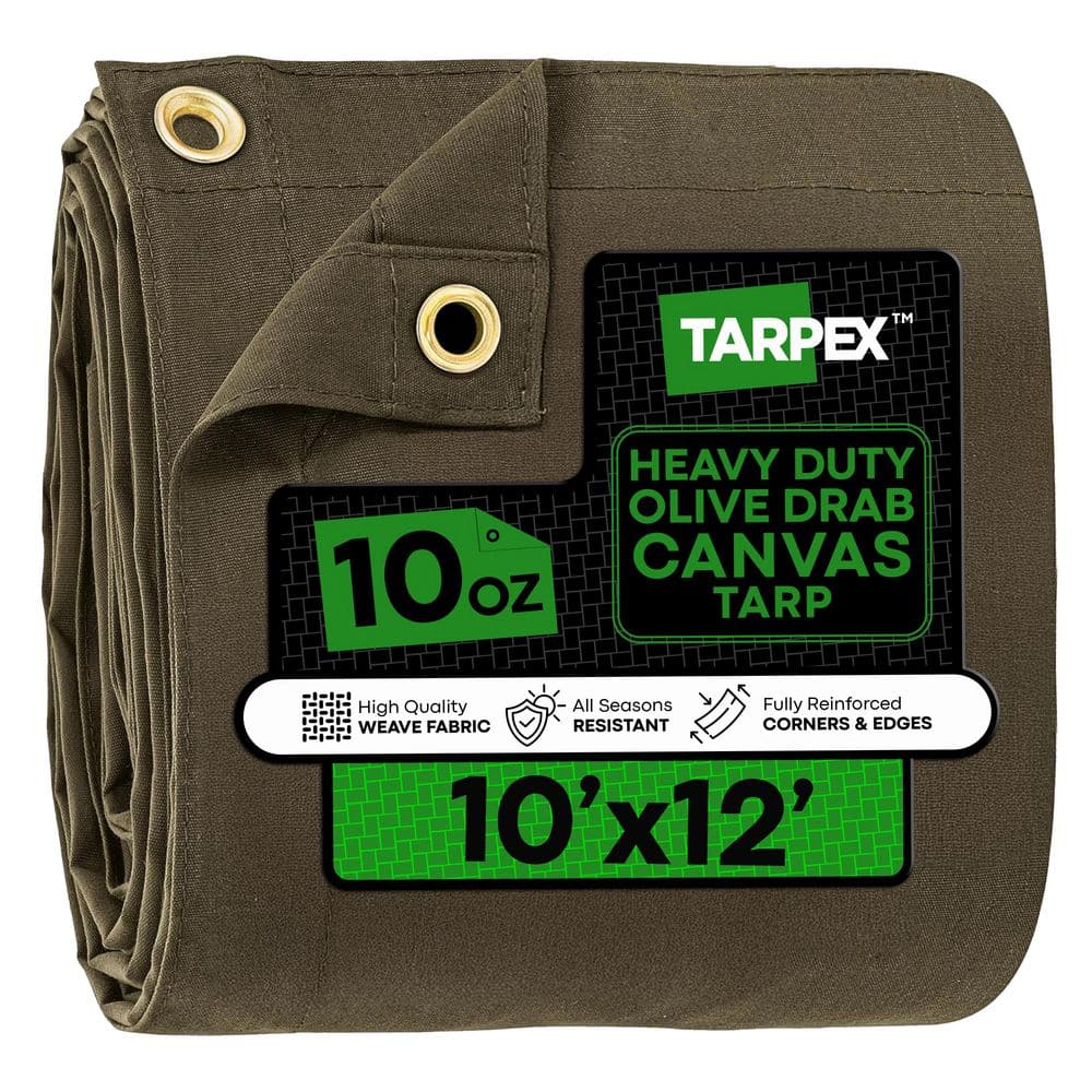 Tarpex Heavy-Duty 10 oz. Canvas Tarp 10 ft. x 12 ft. Multi-Purpose Olive Drab Protective Cover ...