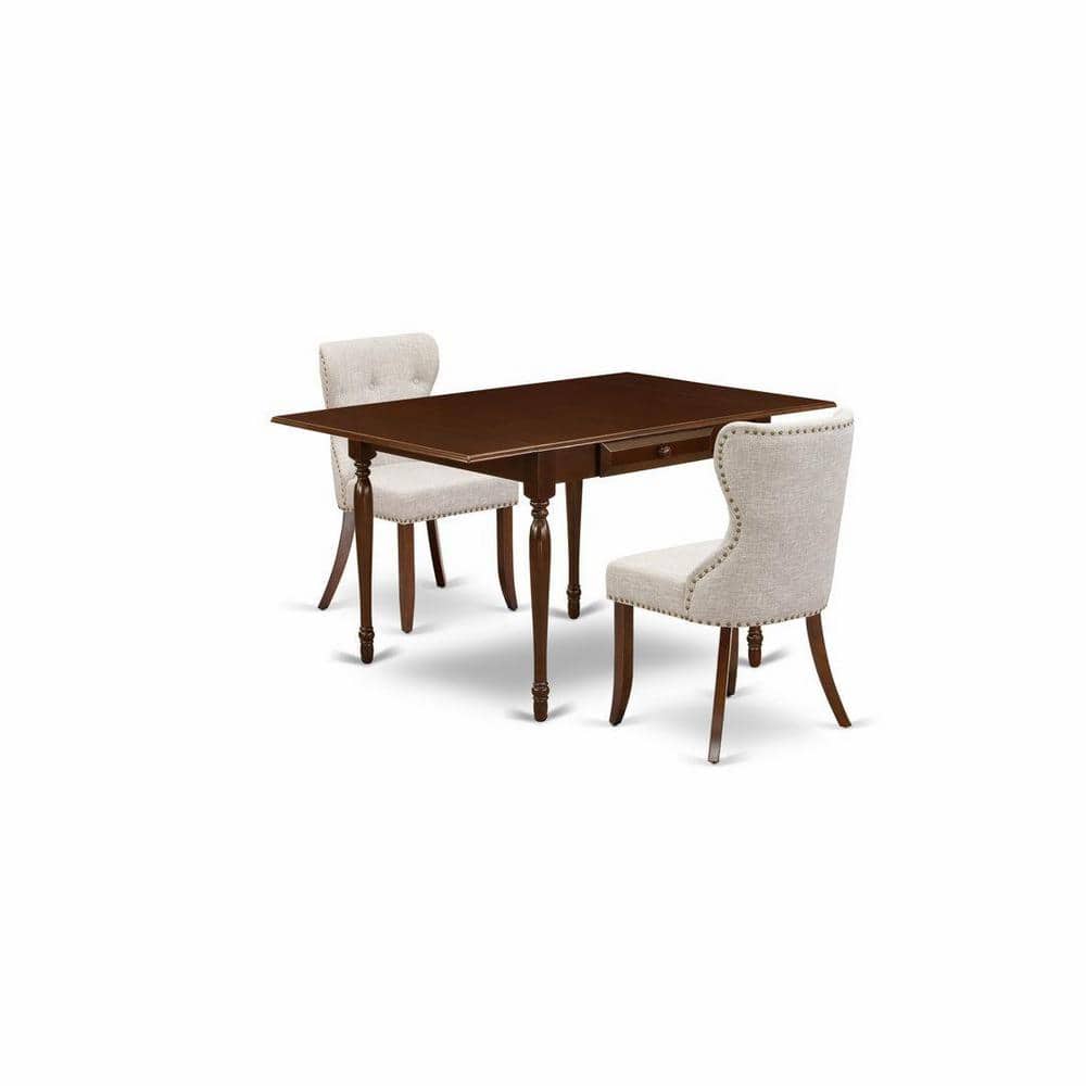 East West Furniture 3-Piece Mahogany Finish Solid Wood Top Dining Table ...