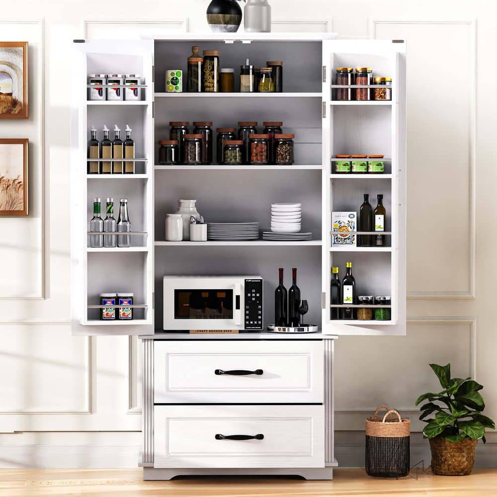 White Modern Kitchen Pantry Storage Cabinet with 2-Drawers, Sideboard ...