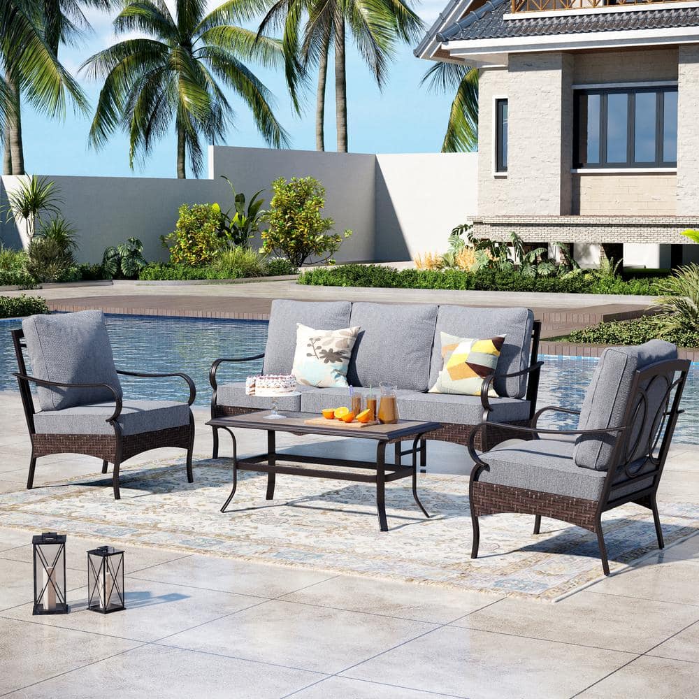 PHI VILLA Rattan 4-Piece 5 Seat Steel Outdoor Patio Conversation Set ...