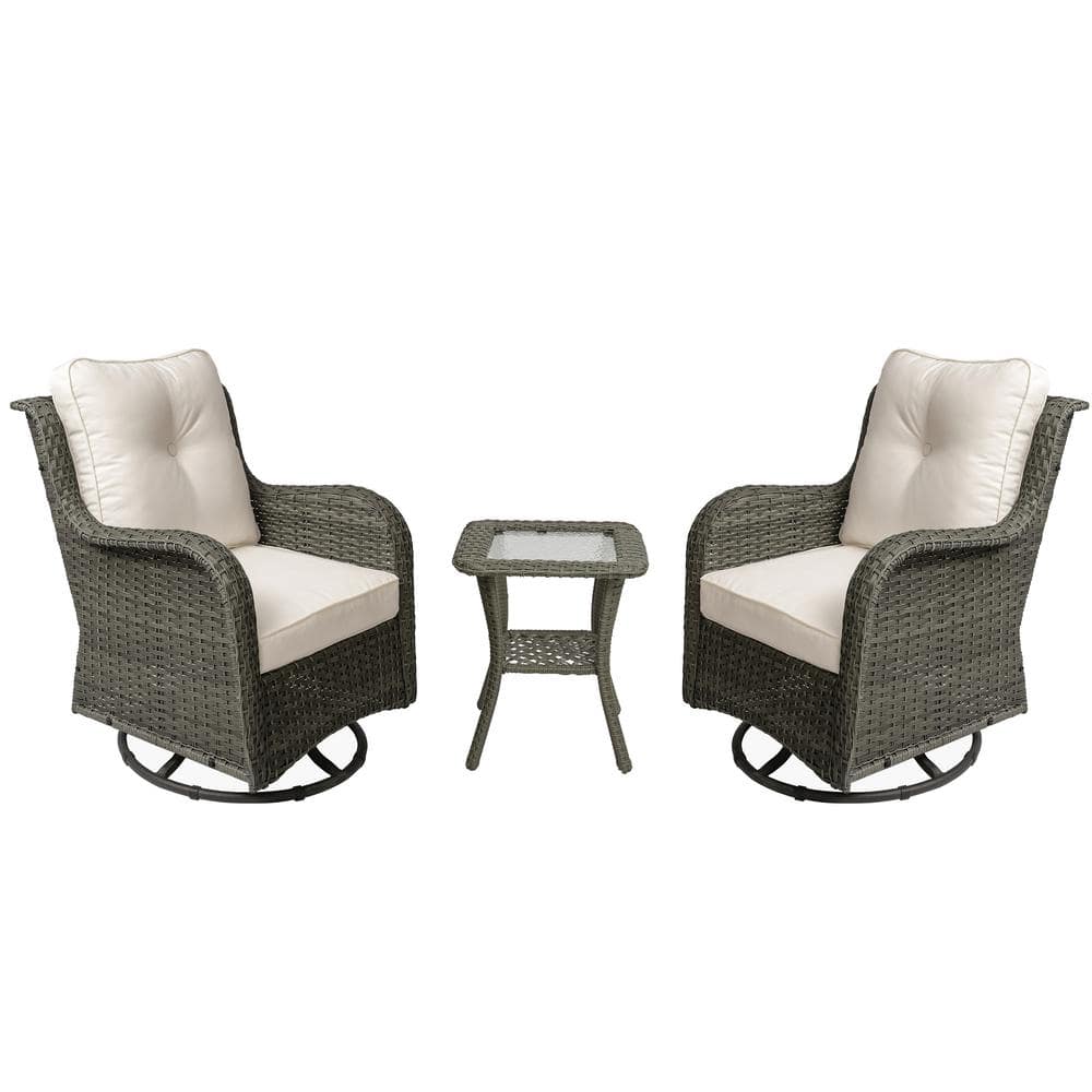 Uixe 3-Piece Wicker Rattan Taupe Patio Outdoor Rocking Chair Swivel ...
