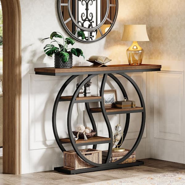 BYBLIGHT Turrella 47.24 in. Brown Rectangle Wood Console Table with 5 ...