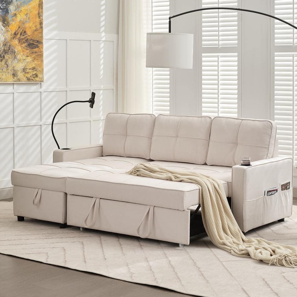 JEAREY 82.3 in. Beige Multi-functional Fabric Queen Size Sofa Bed with ...