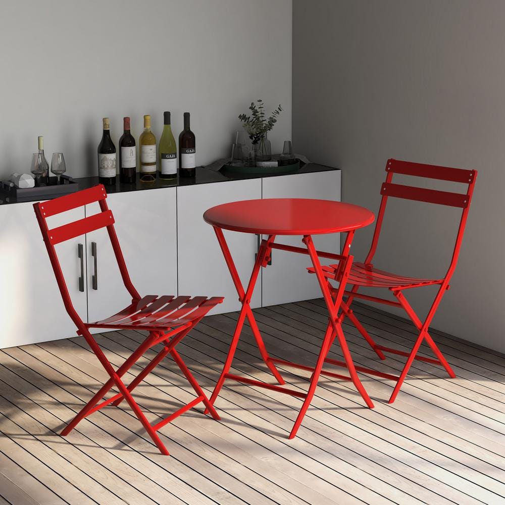 JimsMaison Red 3-Piece Metal Outdoor Bistro Set with Foldable Round ...