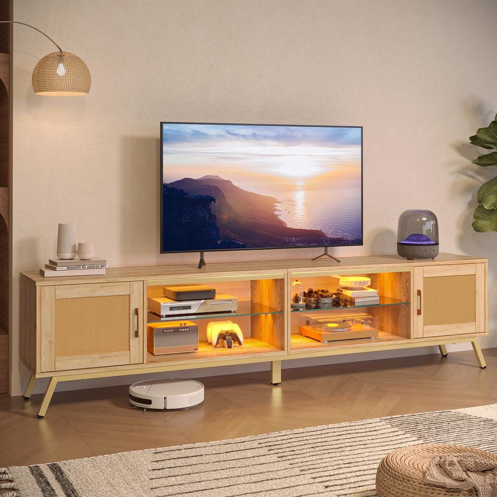 Bestier 80 in. Modern TV Stand with Storage Cabinets and 2 Rattan Doors ...