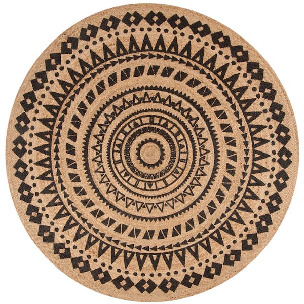 SAFAVIEH Natural Fiber Black/Beige 8 ft. x 8 ft. Round Border Area Rug ...
