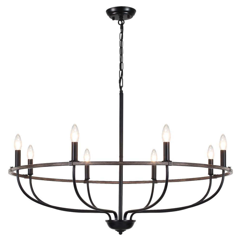 ADSENSTY 8-Light Black and Imitation Wood Grain Farmhouse Wagon Wheel ...