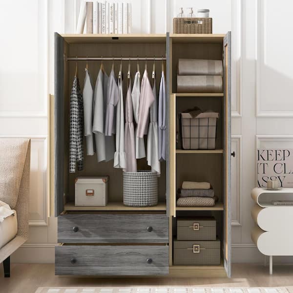Harper Bright Designs Black and Natural Wood 47.2 in. 6 Door Rattan Wardrobe Armoire with 2 Drawers Storage Shelves Hanging Rail HTC021AAE The Home Depot
