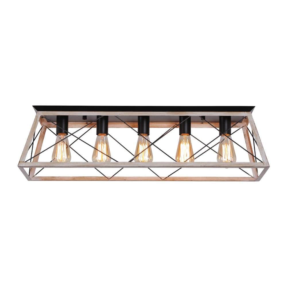 HUOKU Libtad 5-Light 31.5 in.W Matte Black and White Wood Flush Mount ...