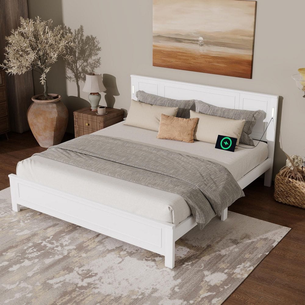 Noble House Quincia White Wood Frame King Size Platform Bed with Tall ...