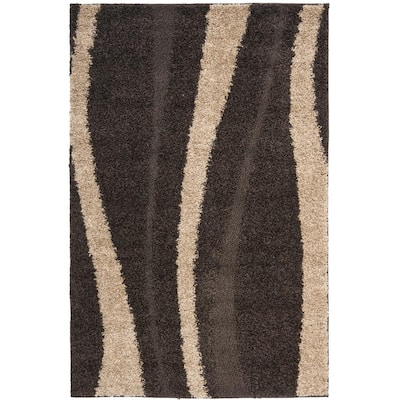 SAFAVIEH Florida Shag Dark Brown/Beige 4 ft. x 6 ft. Striped Area Rug ...