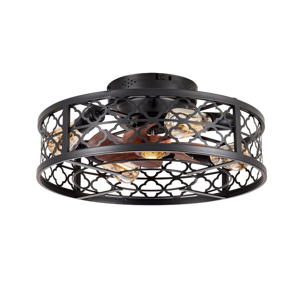 Tidoin 20 in. Matte Black Flush Mount Caged Ceiling Fan with Remote ...