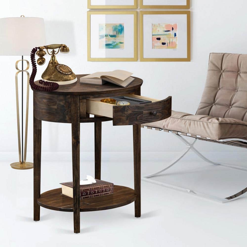 24 in. W Distressed Jacobean Finish Round Wood End Table Laminate Top with 1 Wood Drawer Stable and Sturdy Constructed